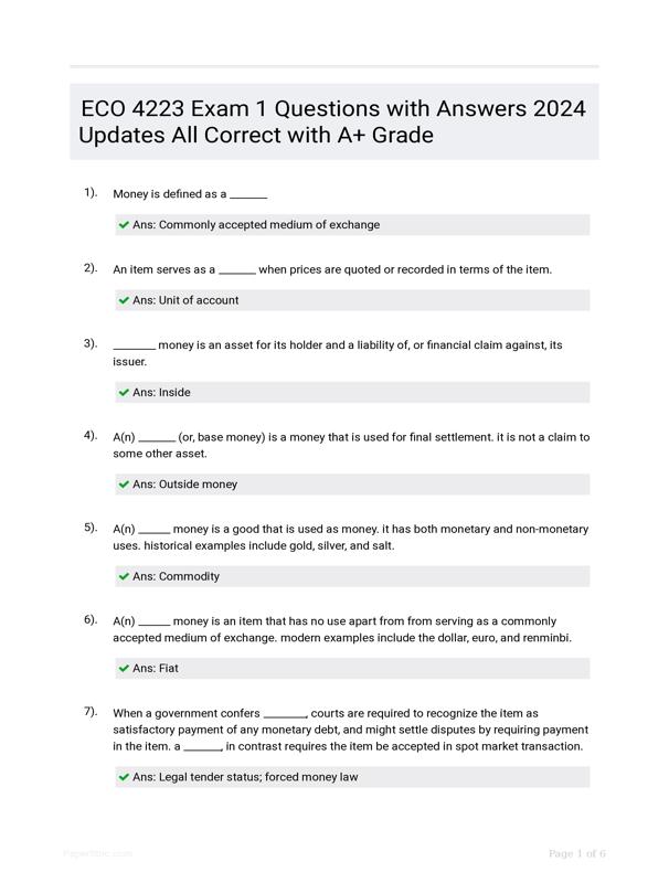 ECO 4223 Exam 1 Questions With Answers 2024 Updates All Correct With A+ ...