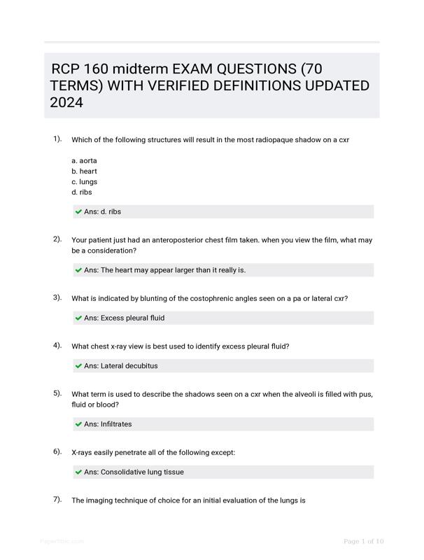 RCP 160 Midterm EXAM QUESTIONS (70 TERMS) WITH VERIFIED DEFINITIONS UPDATED 2024