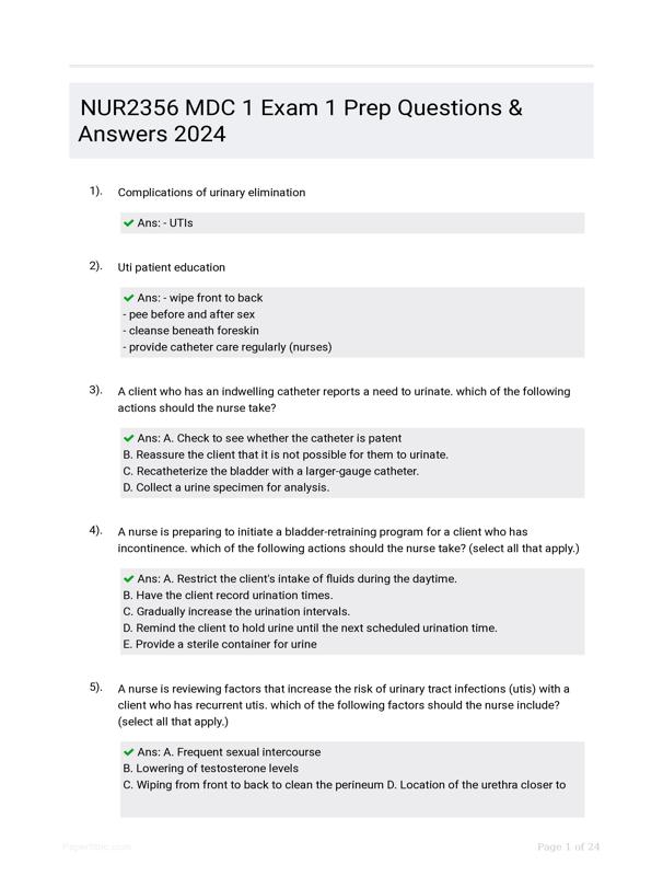 NUR2356 MDC 1 Exam 1 Prep Questions & Answers 2024