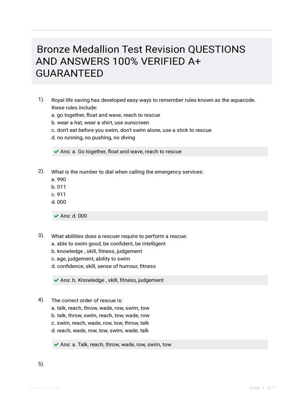 Bronze Medallion Test Revision QUESTIONS AND ANSWERS 100% VERIFIED A+ ...