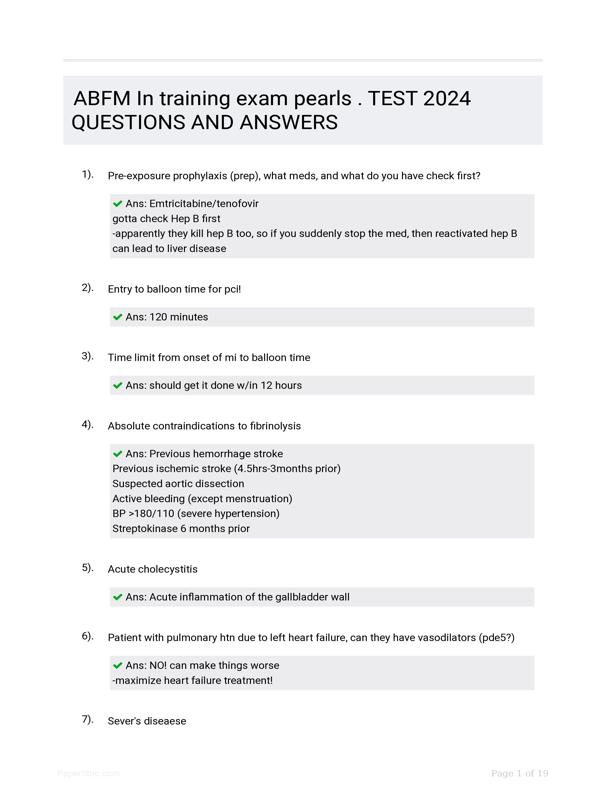 ABFM In Training Exam Pearls . TEST 2024 QUESTIONS AND ANSWERS