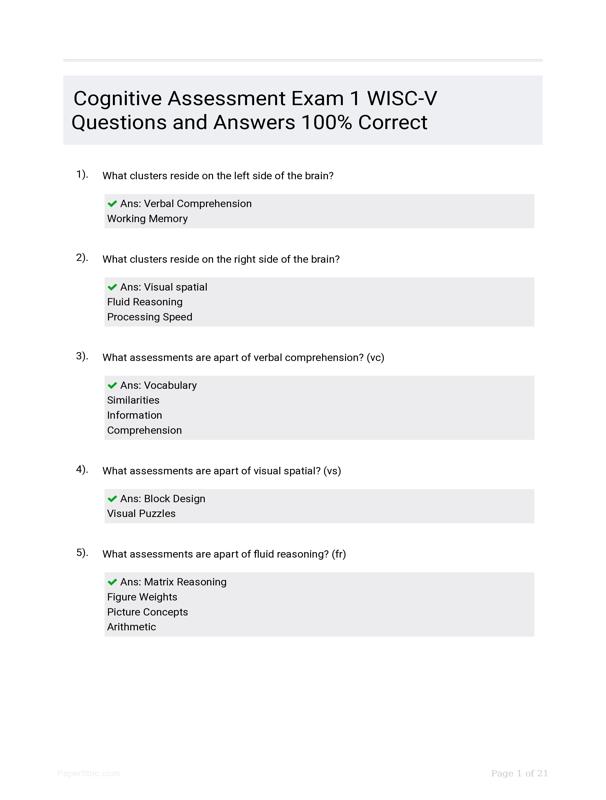 Cognitive Assessment Exam 1 WISC-V Questions And Answers 100% Correct
