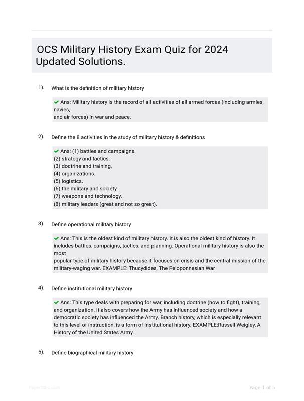 OCS Military History Exam Quiz For 2024 Updated Solutions.