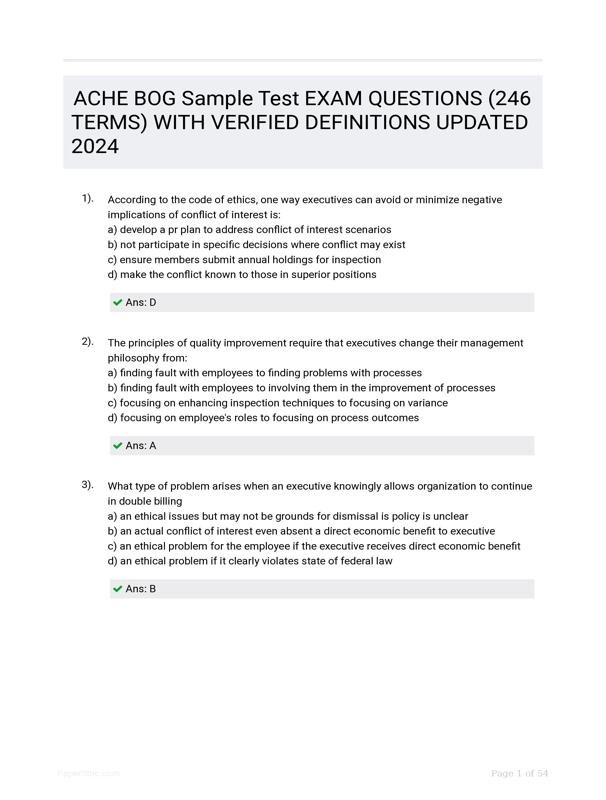 ACHE BOG Sample Test EXAM QUESTIONS (246 TERMS) WITH VERIFIED ...