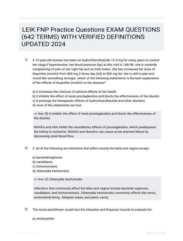 LEIK FNP Practice Questions EXAM QUESTIONS (642 TERMS) WITH VERIFIED ...