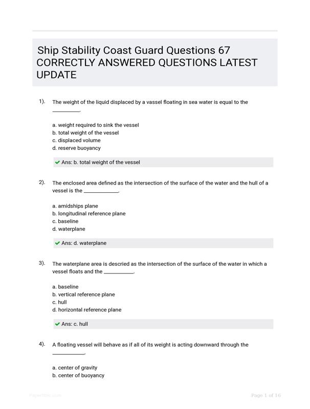 Ship Stability Coast Guard Questions 67 CORRECTLY ANSWERED QUESTIONS ...