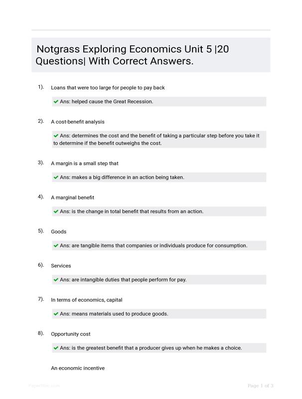 Notgrass Exploring Economics Unit 5 |20 Questions| With Correct Answers.