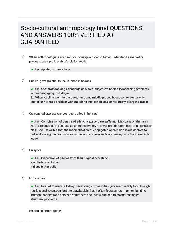 Socio-cultural Anthropology Final QUESTIONS AND ANSWERS 100% VERIFIED ...
