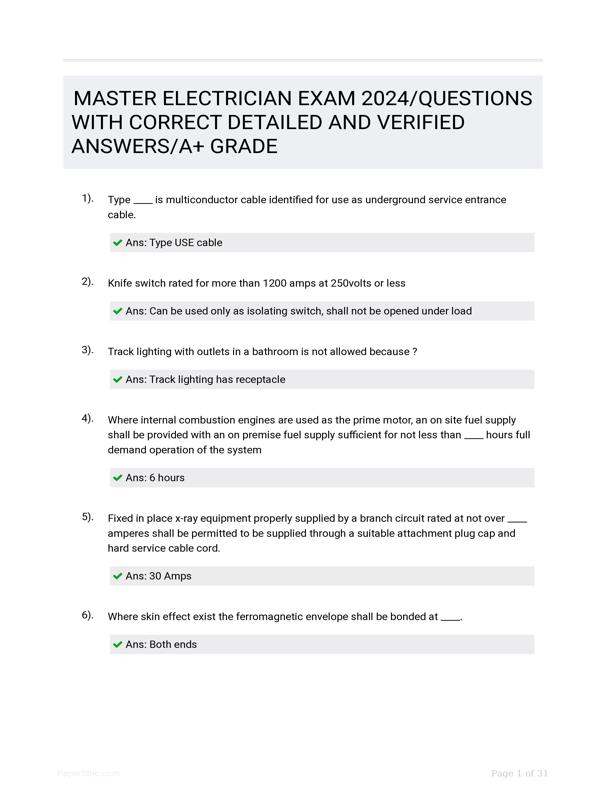 MASTER ELECTRICIAN EXAM 2024/QUESTIONS WITH CORRECT DETAILED AND ...