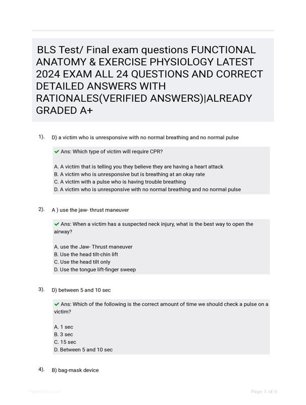 BLS Test/ Final Exam Questions FUNCTIONAL ANATOMY & EXERCISE PHYSIOLOGY ...