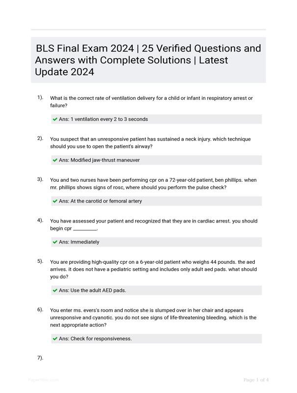 BLS Final Exam 2024 With Complete Solutions