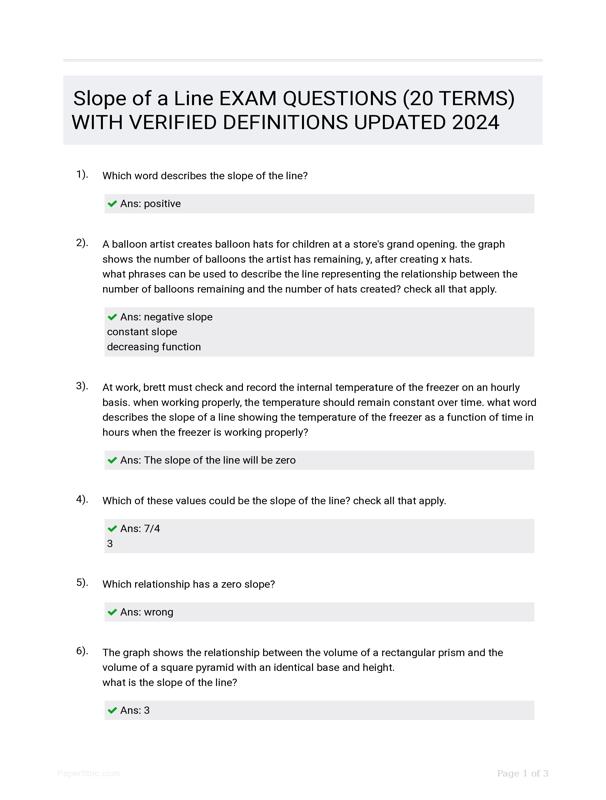 Slope Of A Line EXAM QUESTIONS (20 TERMS) WITH VERIFIED DEFINITIONS ...