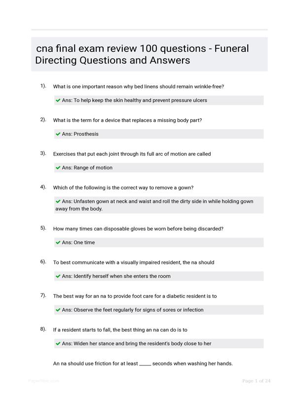 Cna Final Exam Review 100 Questions - Funeral Directing Questions And ...