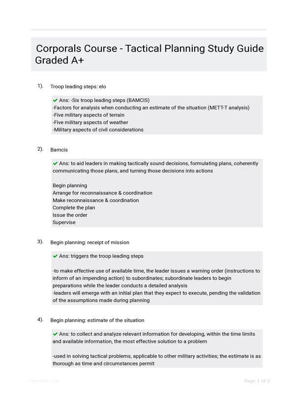 Corporals Course - Tactical Planning QUESTIONS AND ANSWERS 100% ...