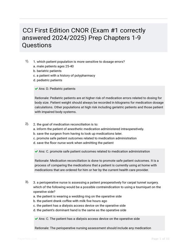 CCI First Edition CNOR (Exam #1 Correctly Answered 2024/2025) Prep ...