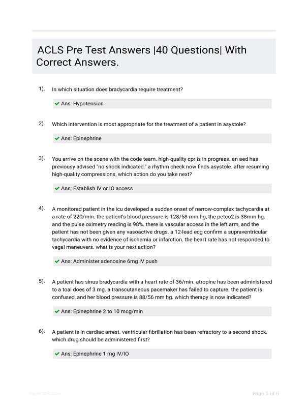 ACLS Pre Test Answers |40 Questions| With Correct Answers.