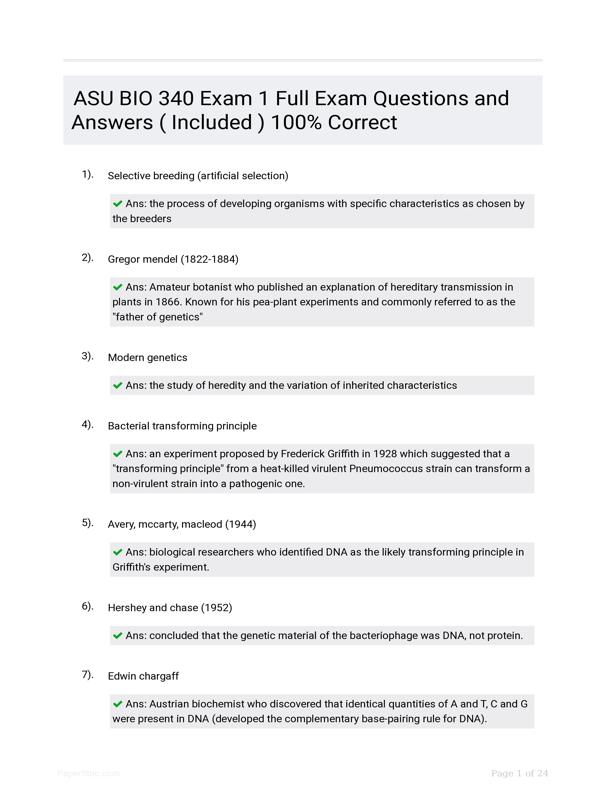 ASU BIO 340 Exam 1 Full Exam Questions And Answers ( Included ) 100% Correct