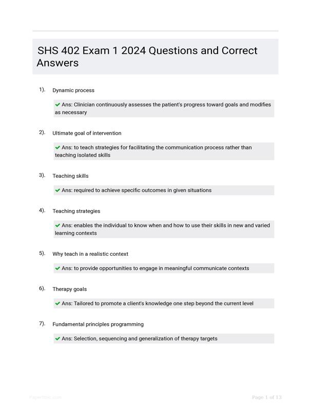 SHS 402 Exam 1 2024 Questions And Correct Answers