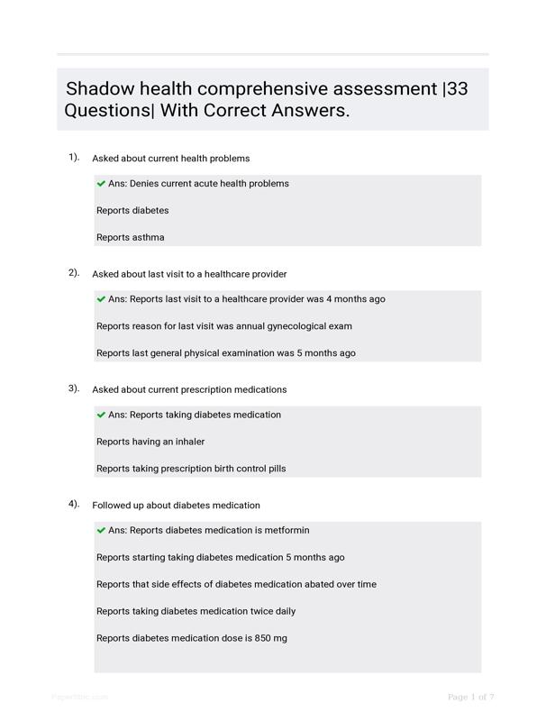 Shadow Health Comprehensive Assessment |33 Questions| With Correct Answers.