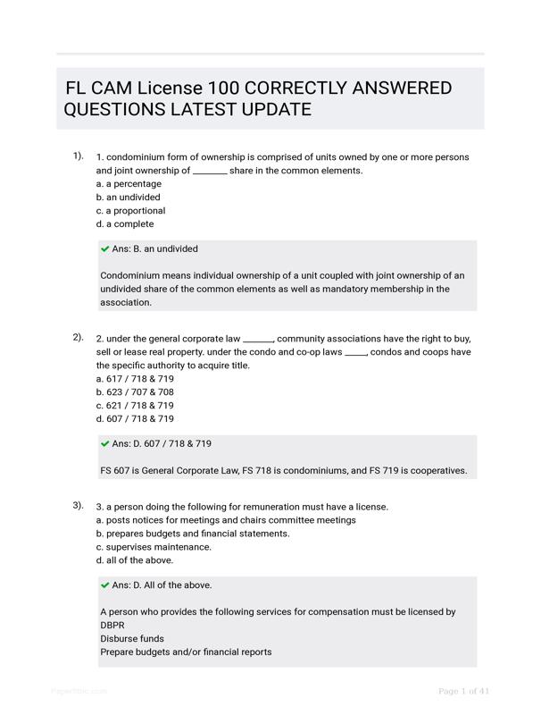 FL CAM License 100 CORRECTLY ANSWERED QUESTIONS LATEST UPDATE