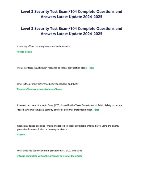 Level 3 Security Test Exam 104 Complete Questions And Answers Latest ...