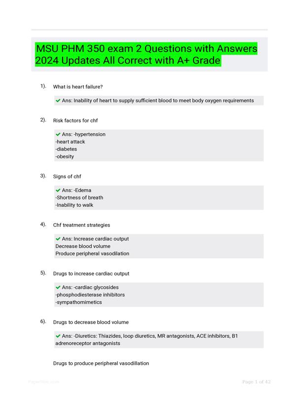 MSU PHM 350 Exam 2 Questions With Answers 2024 Updates All Correct With ...