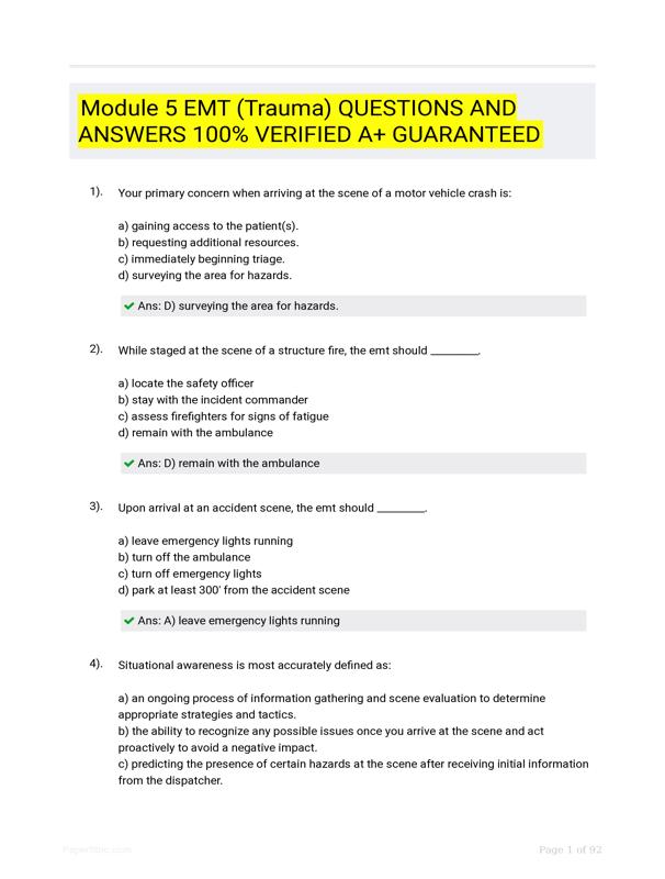 Module 5 EMT (Trauma) QUESTIONS AND ANSWERS 100% VERIFIED A+ GUARANTEED