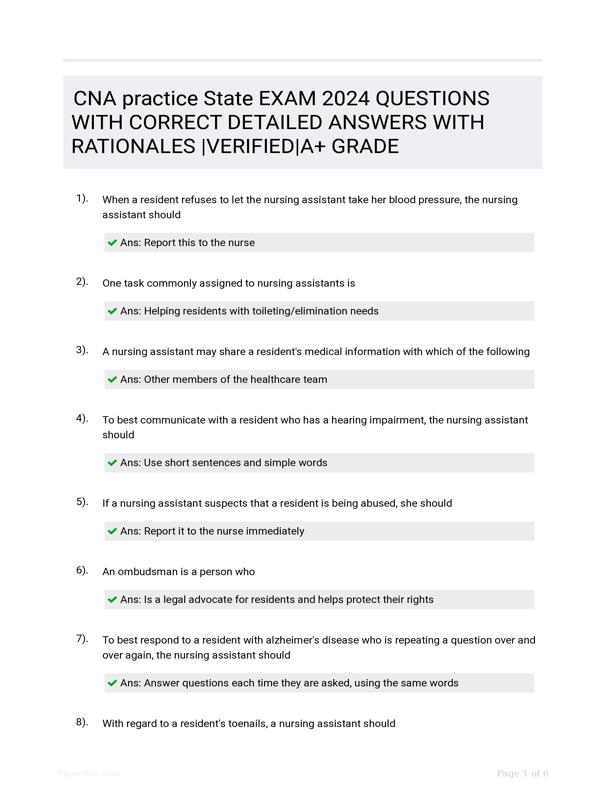 CNA Practice State EXAM 2024 QUESTIONS WITH CORRECT DETAILED ANSWERS ...