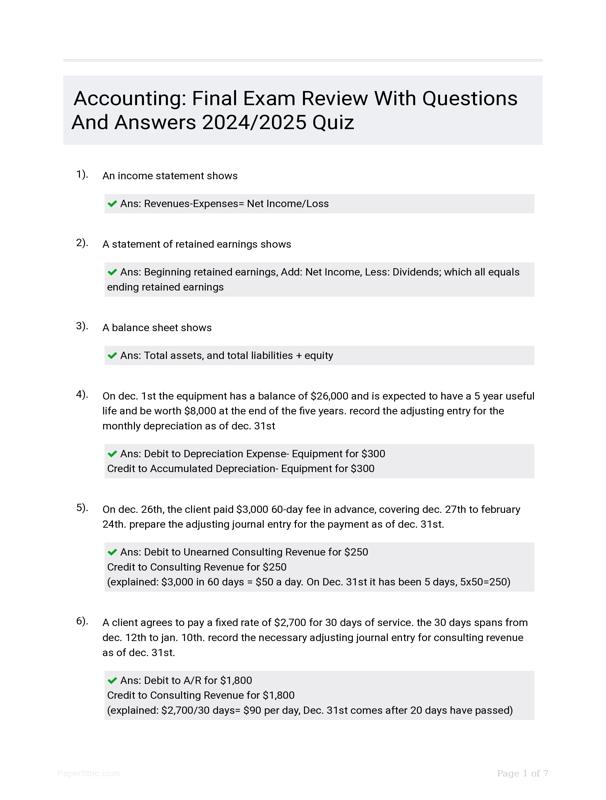 Accounting: Final Exam Review With Questions And Answers 2024/2025 Quiz