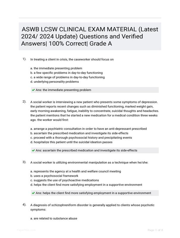 ASWB LCSW CLINICAL EXAM MATERIAL (Latest 2024/ 2024 Update) Questions ...