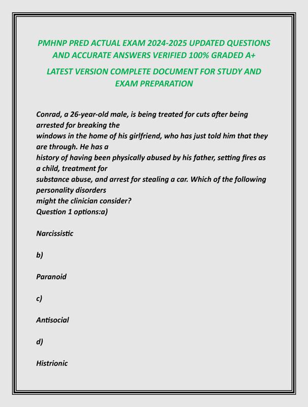 PMHNP PRED ACTUAL EXAM 2024-2025 UPDATED QUESTIONS AND ACCURATE ANSWERS ...