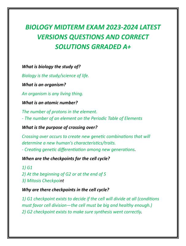 BIOLOGY MIDTERM EXAM 2023-2024 LATEST VERSIONS QUESTIONS AND CORRECT ...