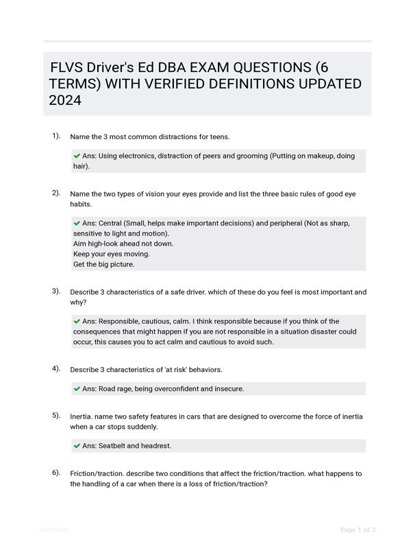 FLVS Driver's Ed DBA EXAM QUESTIONS (6 TERMS) WITH VERIFIED DEFINITIONS ...