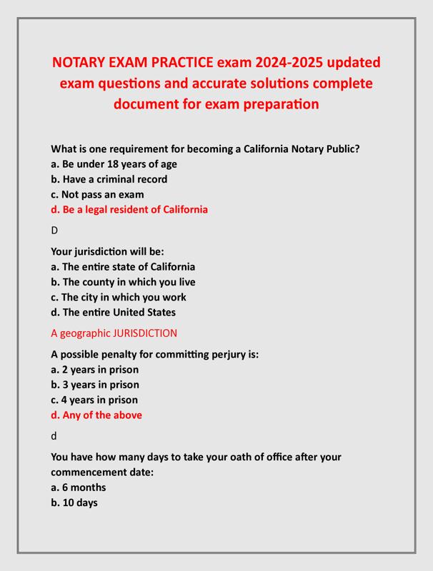 NOTARY EXAM PRACTICE Exam 2024-2025 Updated Exam Questions And Accurate ...